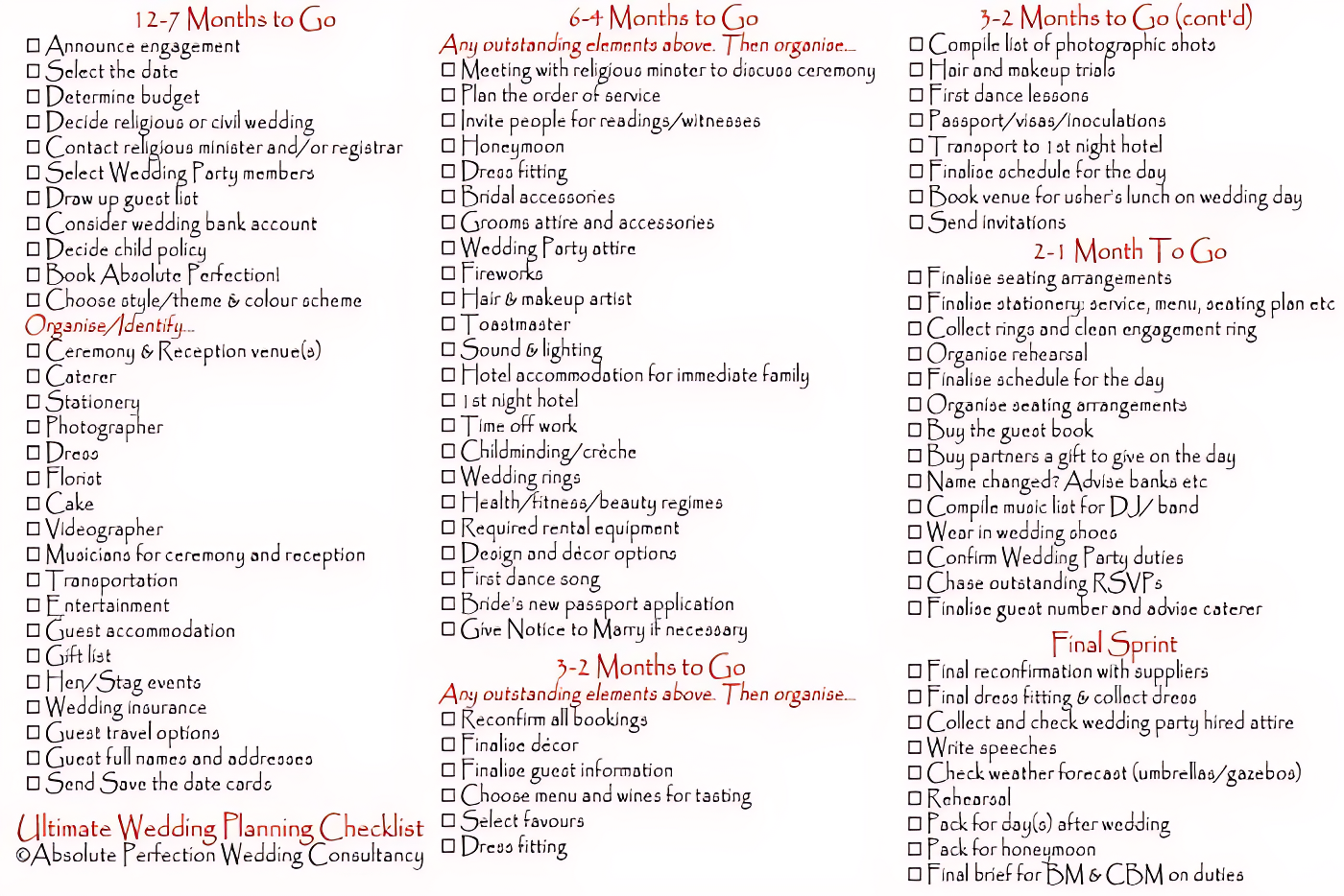 Definitive Wedding Planning Checklist - APs Wedding Timeline